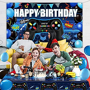 Video Game Birthday Party Decorations Set Gaming Happy Birthday Supplies Includes Video Game Backdrop, Table Covers, Balloons and Foil Gamer Balloons for Birthday Party (Blue and Black)