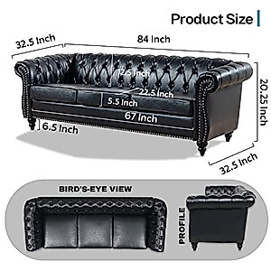 Vaztrlus Chesterfield Sofas for Living Room, Rolled Arm 3-Seater Leather 84" Large Couch Deep Button Nailhead Tufted Black Upholstered Couches for Bedroom, Office Apartment Easy to Assemble