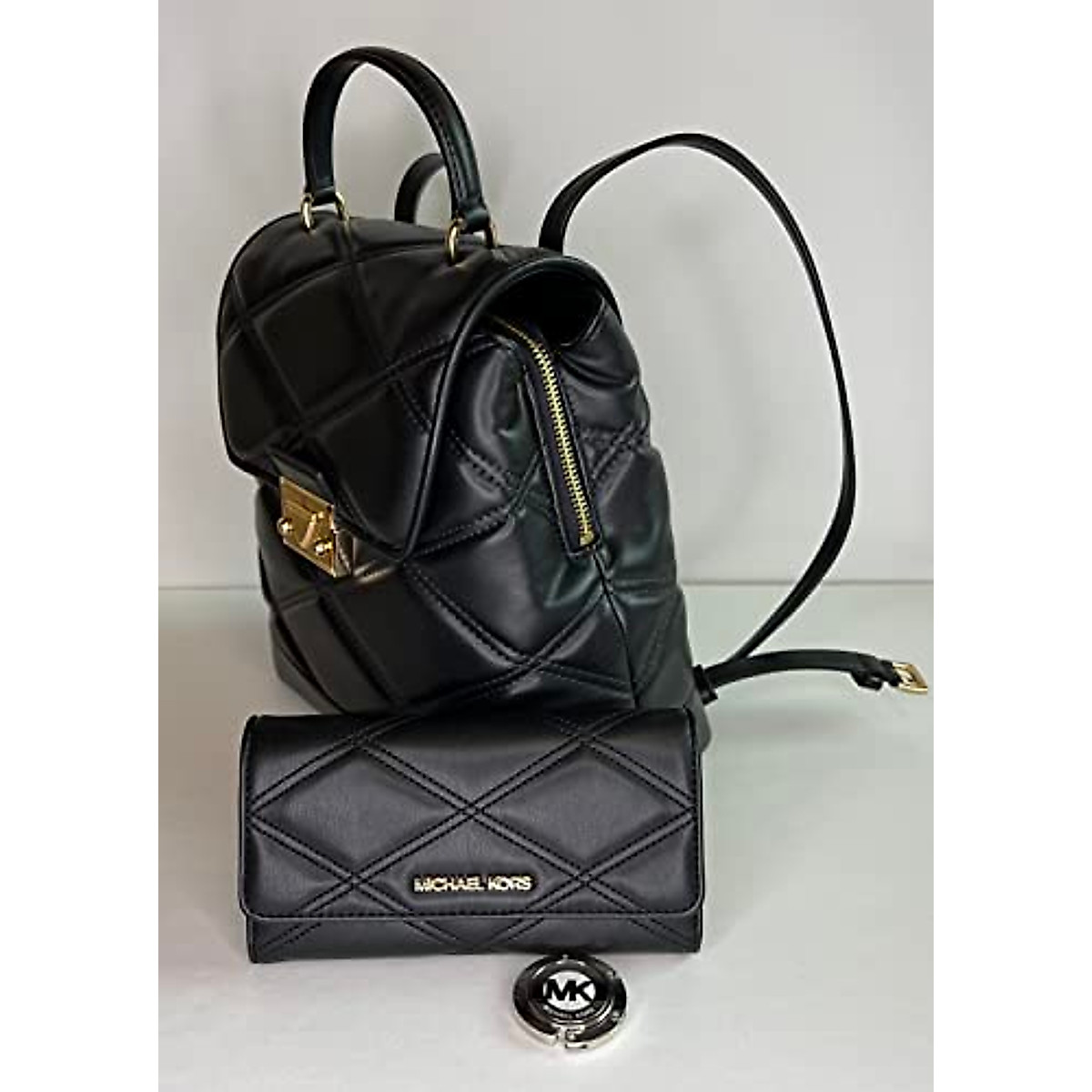 Michael Kors Serena MD Flap Backpack bundled with Trifold Wallet and Purse Hook (Black)