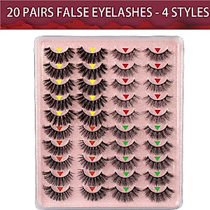 Cuckoo 20 Pairs False Eyelashes 3D Faux Mink Lashes Natural Look Wispy Fake Eyelashes,Fluffy Volume Long Thick Lashes Pack 4 Styles Mixed,with 2pc Eyelash Glue and Applicator Tool