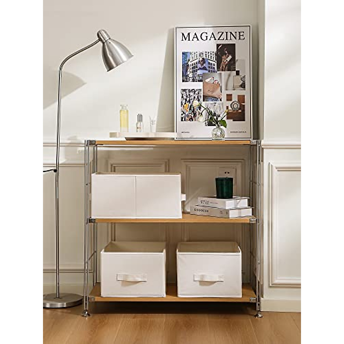 Large Fabric Storage Bins for SheIves, 16.9"D x 11.8"W x 8.26"H Odorless & Sturdy Closet Bins, Collapsible Cotton Linen Bins for Organizing Clothes, Toys, Books - 3 Pack, Beige