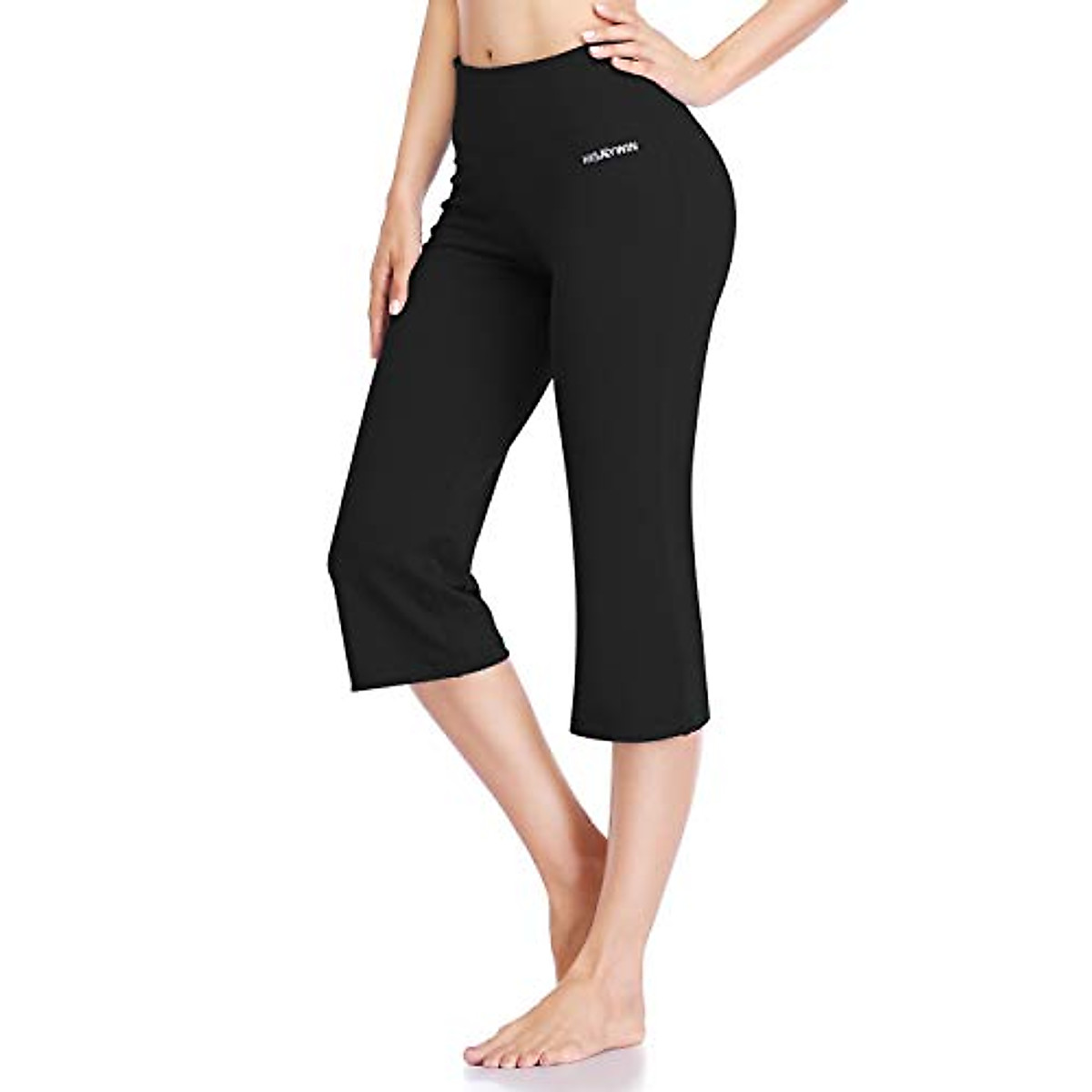 HISKYWIN 18" Inseam Women Inner Pocket Yoga Capri 4 Way Stretch Tummy Control Workout Running Pants, Long Bootleg Flare Pants HF2A Black-L