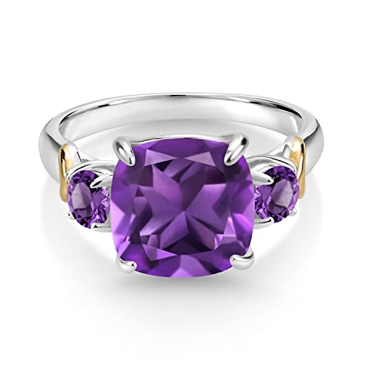 Gem Stone King 925 Silver and 10K Yellow Gold Purple Amethyst 3 Stone Ring For Women (3.50 Cttw, Gemstone February Birthstone, Cushion 10MM, Round 4MM, Available In Size 5, 6, 7, 8, 9)