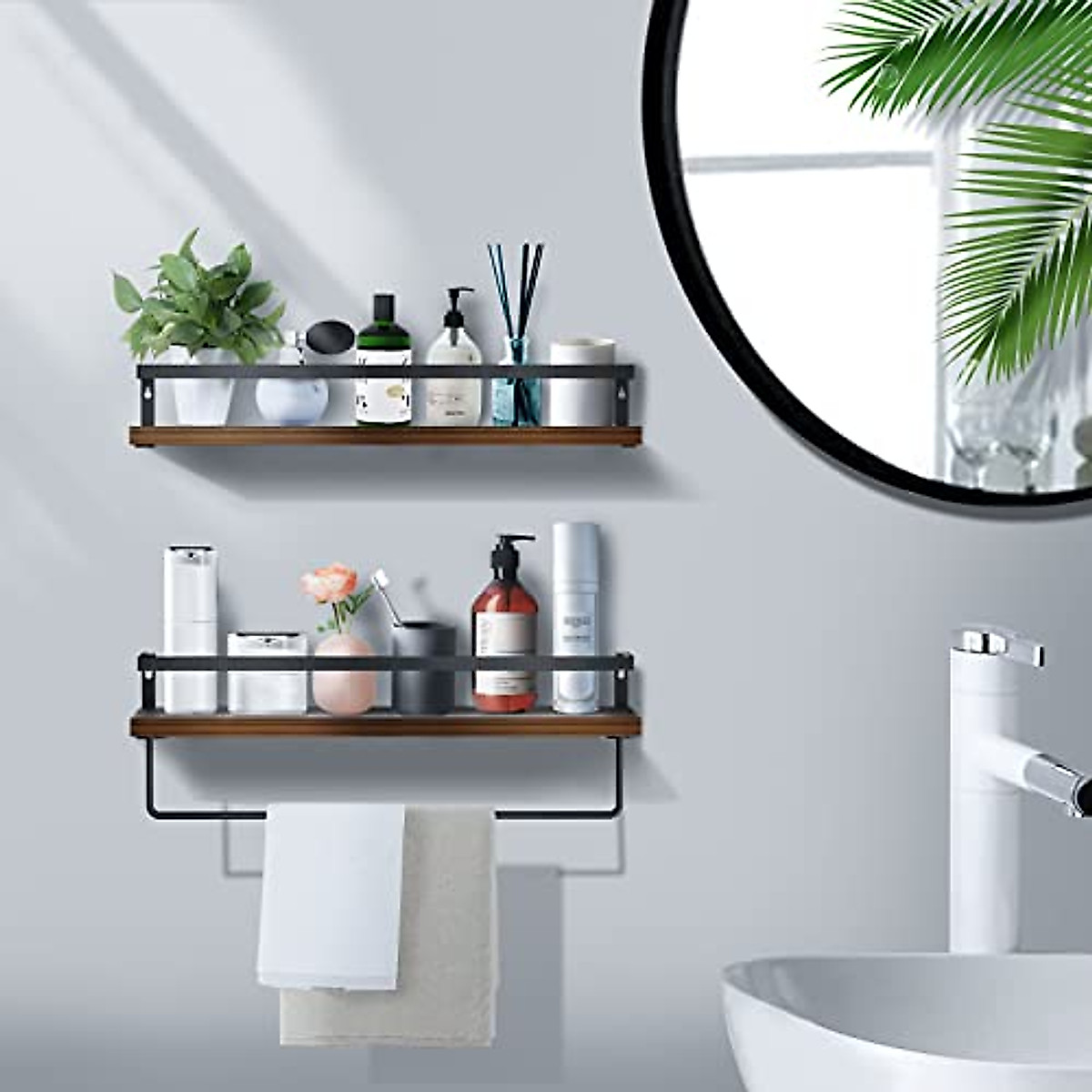 YIHATA Floating Wall Shelves with Towel Shelf, Set of 2 Wood Wall Storage Shelves for Kitchen, Bedroom, Bathroom, Office