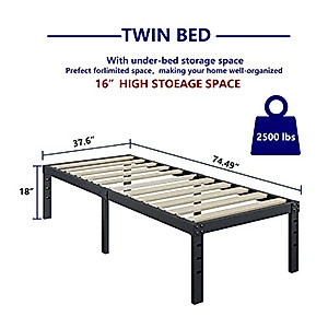 ZIYOO Twin Bed Frame 18 Inches Tall 3 Inches Wide Wood Slats with 2500 Pounds Support, No Box Spring Needed for Foam Mattress, Underbed Storage Space, Easy Assembly, Noise Free