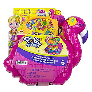 Polly Pocket Travel Toy, Flamingo Party Playset with 2 Micro Dolls and 26 Surprise Accessories, Animal Toy Compact