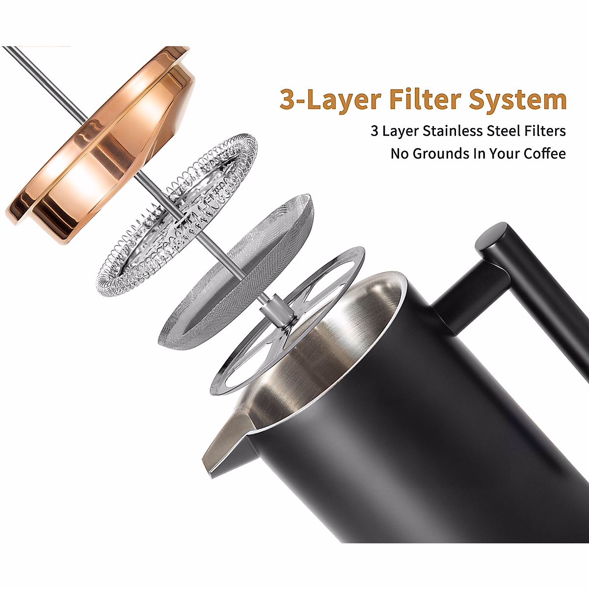 Meelio Black French Press Coffee Maker 12oz, Stainless Steel Double Wall Insulated Coffee Press with Rose Gold Metal Lid, Included 2 Extra Screens and 1 Coffee Spoon, 350ml