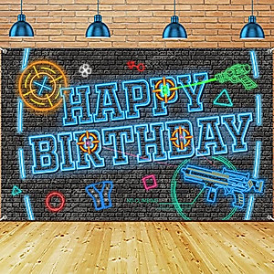 Laser Tag Gun Backdrops Neon Happy Birthday Banner Happy Birthday Backdrop Gaming Backgrounds for Boys Wall Decorations 6 x 3.6 Feet Birthday Party Neon Glow Party Photography Banner Photo Booth