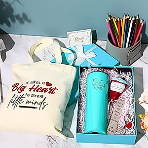 Teacher Gift, Christmas Gift for Teacher Appreciation Gifts Boxes Birthday Gifts 8 PCS Include Teacher Tumbler Canvas Tote Bag Leather Storage Bucket Flower Greeting Card Bookmarks Key Chain (Blue)