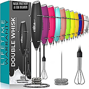 ElitaPro ULTRA-HIGH-SPEED 19,000 RPM, Milk Frother DOUBLE WHISK, Unique Detachable EGG BEATER and STAND For quick preparation (Black)