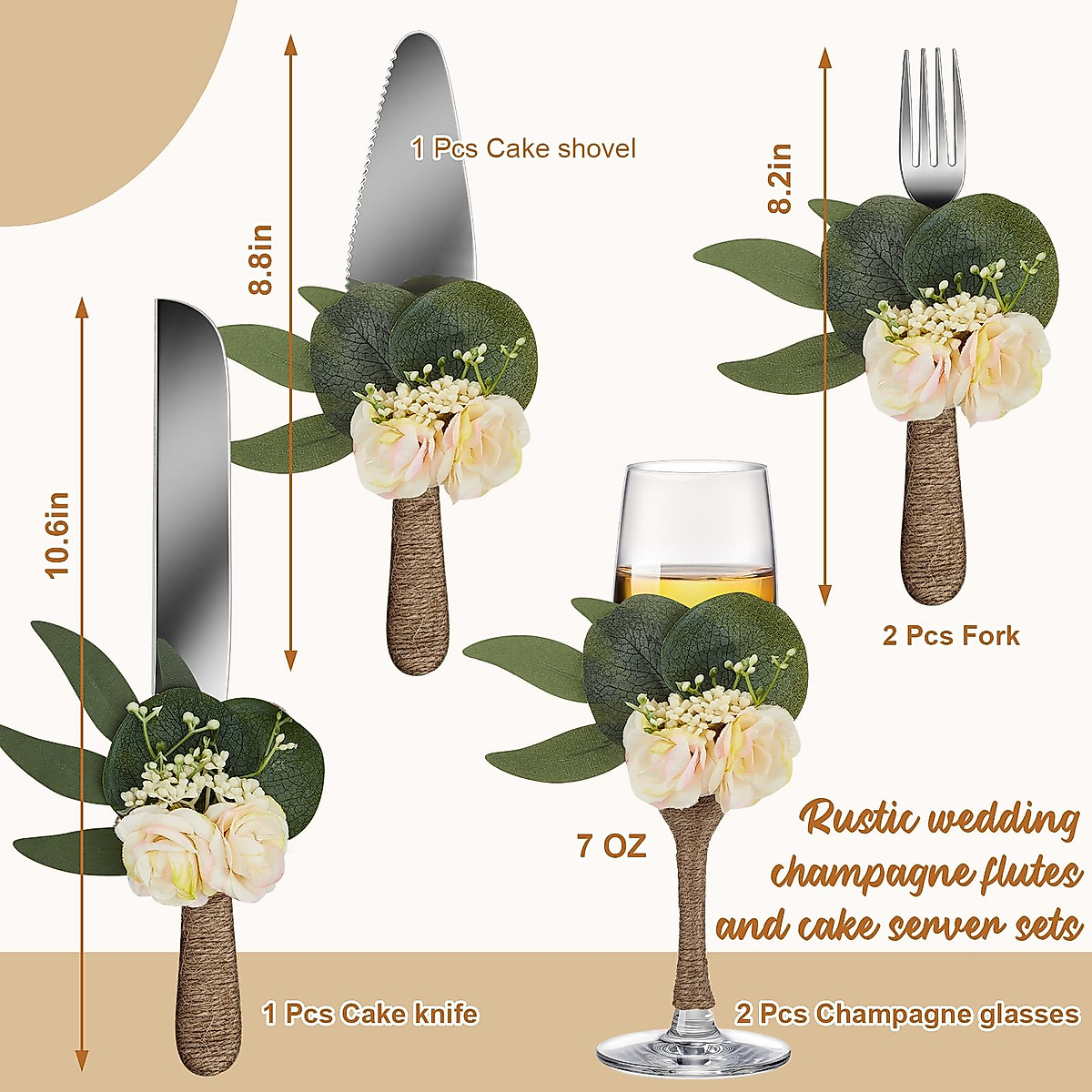 Lallisa 6 Pcs Wedding Cake Knife and Server Set Stainless Steel Cake Knife, Pie Server, 2 Pcs Forks and 2 Pcs Champagne Glasses with Eucalyptus Leaves and Roses Wedding Decorations for Bride Gifts