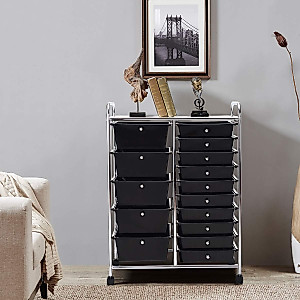 RELAX4LIFE Storage Drawer Carts W/15-Drawer,Rolling Wheels Semi-Transparent Multipurpose Mobile Rolling Utility Cart for School, Office, Home, Beauty Salon Storage Organizer Cart (Black)