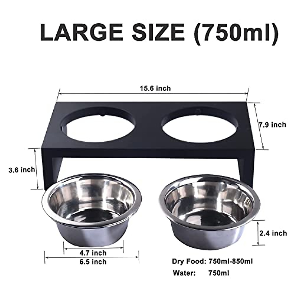 Pawise Elevated Dog Bowls, Raised Cat Feeder Elevated Food and Water Bowls Stand with 2 Stainless Steel Bowls and Anti Slip Feet, Wooden Frame Pet Feeder 750ml