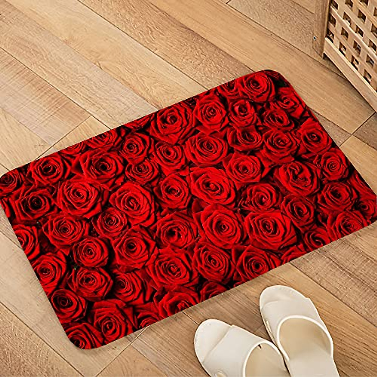 Red Rose Flower Print 17MM Thick Memory Foam Bathroom Carpet and Door Mat Non-Slip Absorbent Super Bath Mats Comfortable Flannel Bathroom Carpet Bed Rug 24 X 16 Inches