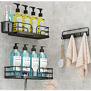 EZFurni Set of 4 Adhesive Shower Caddy, Rustproof Stainless Steel Bathroom Shower Organizer & Towel Holder Included, Solid Shower Shelves for Inside Shower,Roomy Shower Rack, Not Slide Down, Black