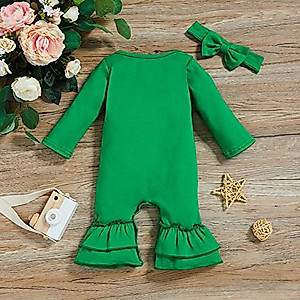 My 1st St. Patricks Day Romper Baby Girl Ruffle Jumpsuit Shamrock Print Long Sleeve Coming Home Outfits+Headband (Green, 1-3 Months)