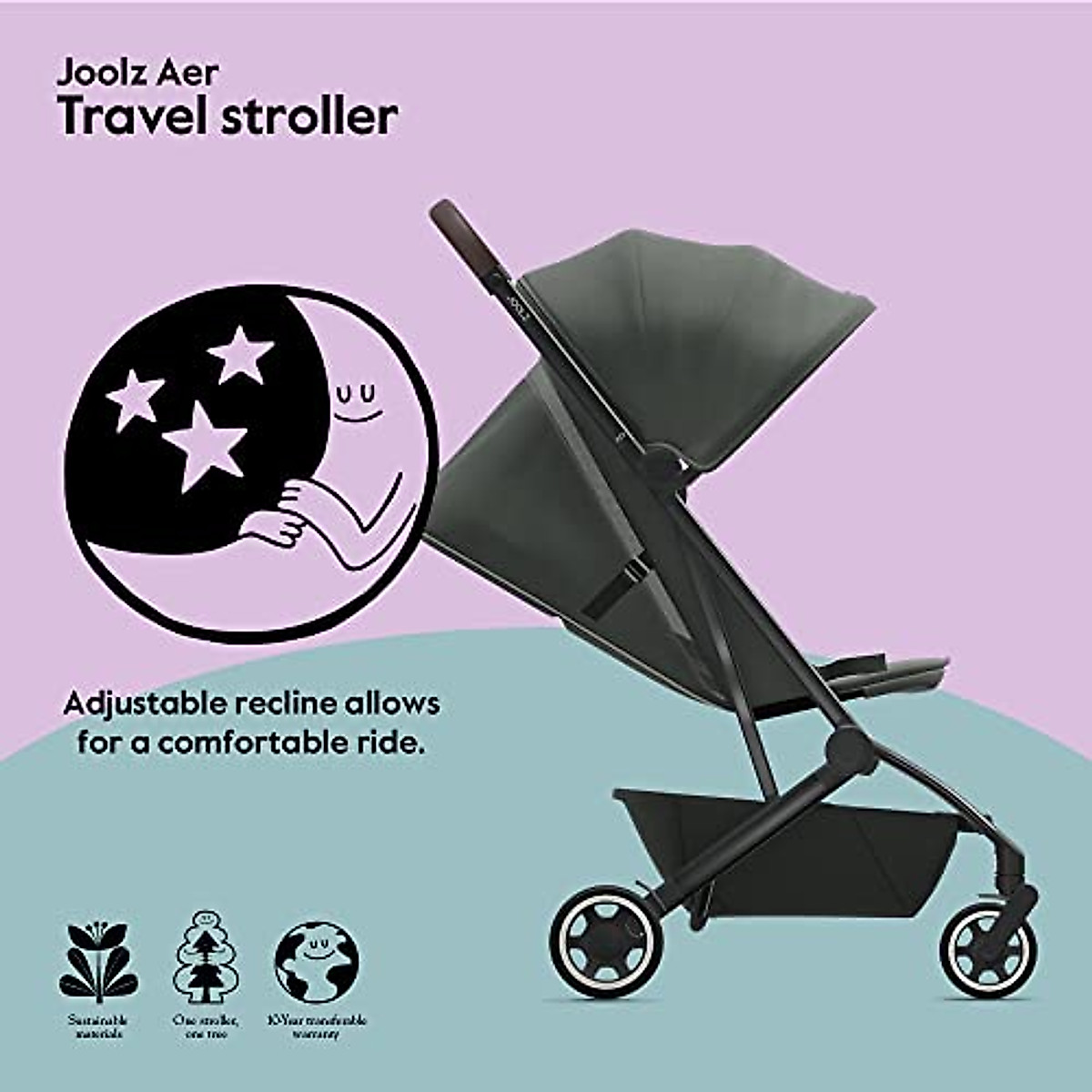 Joolz AER Premium Stroller for Babies from 6 Months up to 50 lbs, Compact & Comfortable, Lightweight, One-Handed Quick Fold, XXL Sun Hood, Raincover & Travelbag Included - Mighty Green