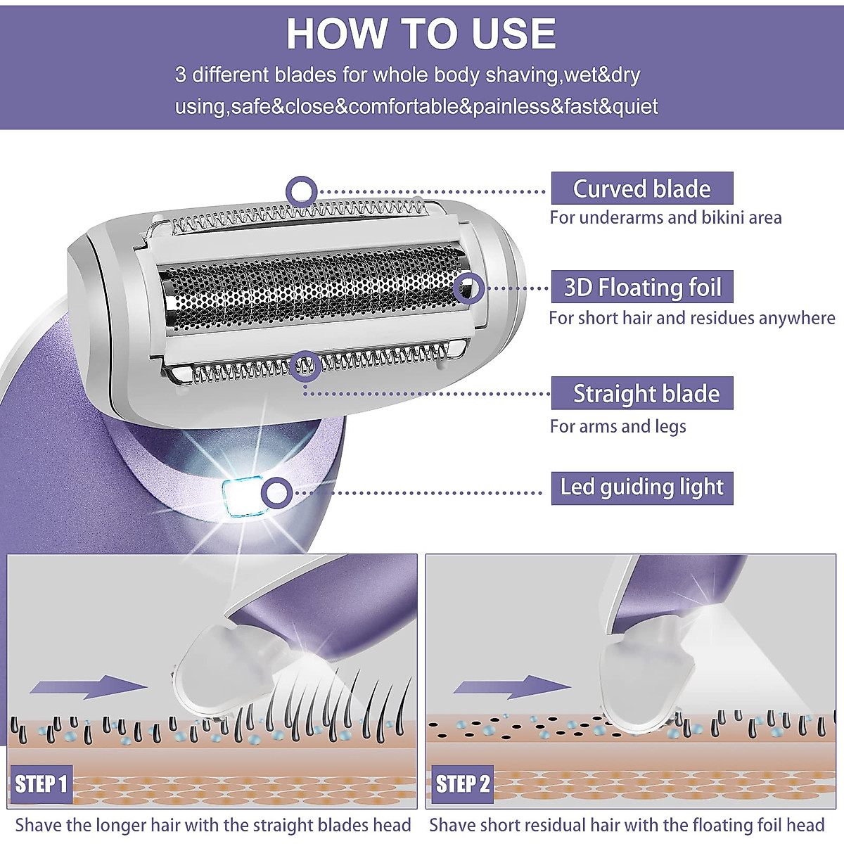 Electric Razors for Women Electric Shaver for Women Bikini Trimmer Womens Electric Razor Painless Body Hair Removal for Legs Arm Underarms Pubic Wet&Dry IPX7 Waterproof Rechargeable with Stand