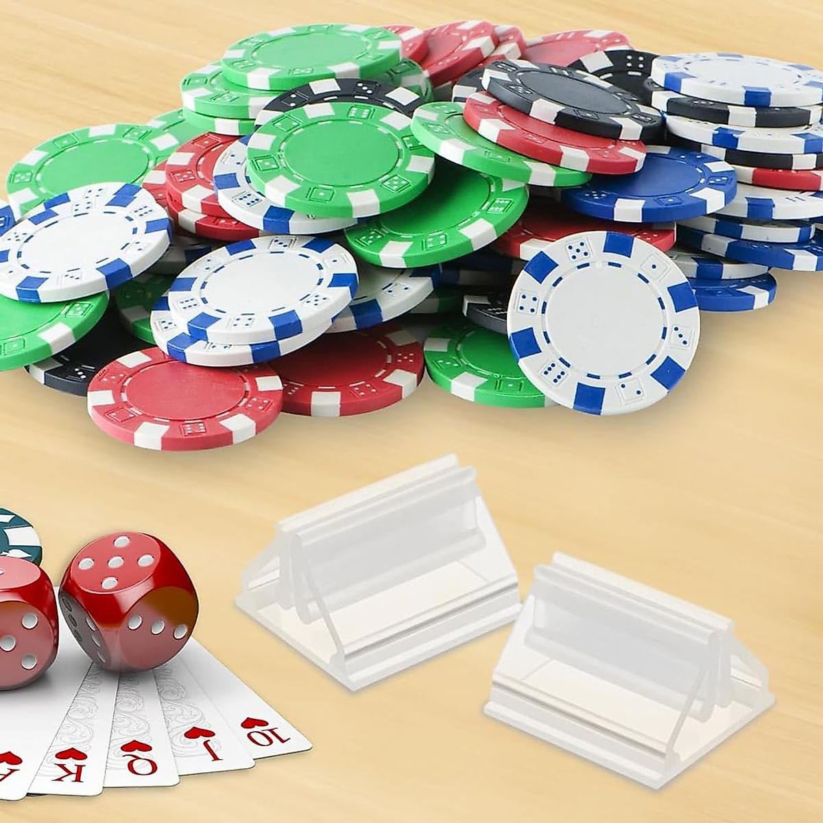 24 PCS Acrylic Name Card Stands Clear Name Card Stands, riangle Playing Card Holders, Small Card Clips, Display Stand,Game Piece Holders Board for Cards, Photos, Memos, Pictures Display﻿ (Transparent)