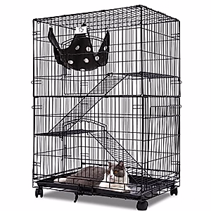 Homey PET INC Folding Wire Cat Ferret Habitat Crate with Casters,Tray and Hammock