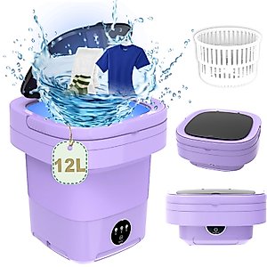 Portable Washing Machine,12L Mini Washer with Foldable Design, Small Folding Washing Machine with 3 Intelligent Cleaning Modes for Travel,Apartment,Baby Clothes,Socks（Purple)