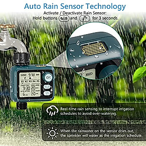 Sprinkler Timer with Rain Sensor and 5 Separate Watering Irrigation Programs, Diivoo Water Hose Timer with Auto & Manual Mode, IPX5 Waterproof for Garden, Outdoor Lawn, Pool