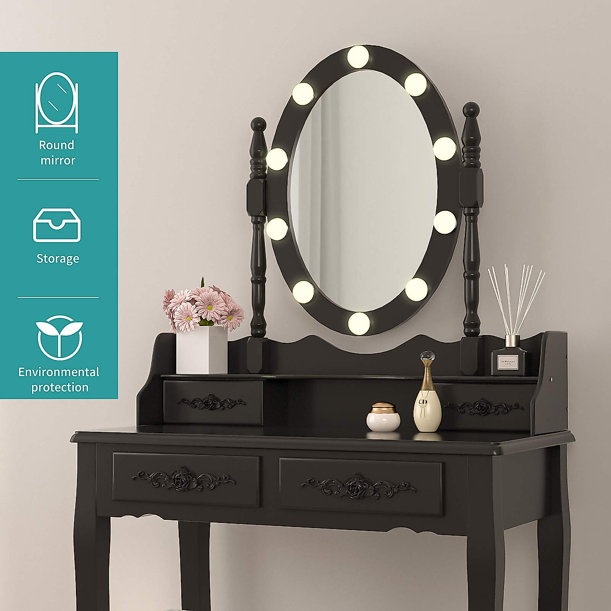 Alohappy Vanity Desk Set with Lighted Mirror, Black Makeup Dressing Table Desk with Mirror & Lights, Padded Stool, 4 Drawers Storage & Easy Assembly for Bedroom, Bathroom