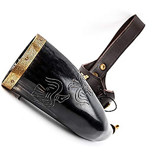 Mythrojan THE BIRD OF PREY Viking Drinking Horn with Brown Leather holder Authentic Medieval Inspired Viking Wine/Mead Mug – Polished Finish