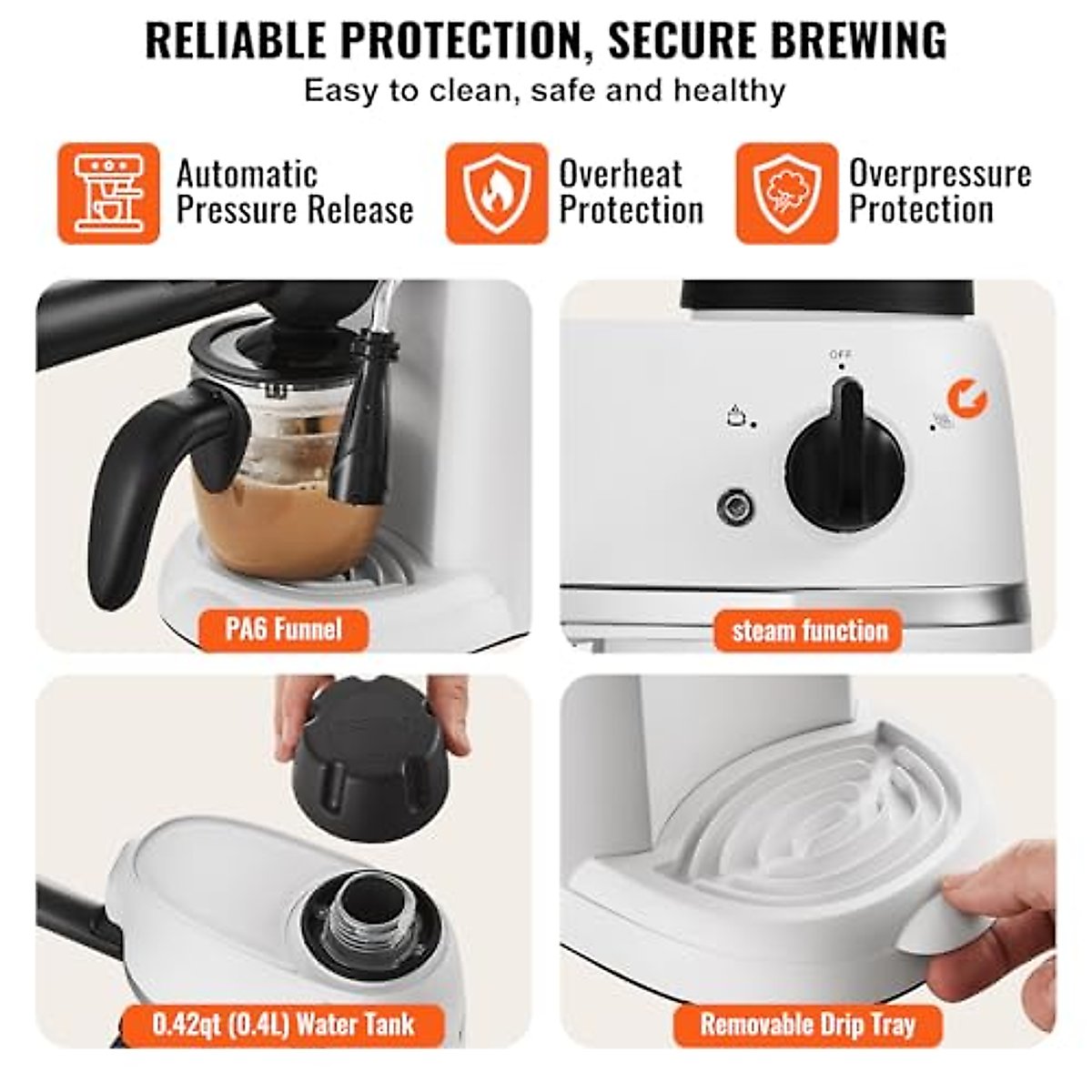 VEVOR Espresso Machine, 3.5 Bar Espresso Maker with Milk Frother Steam Wand, 4-Cup Professional Coffee/Espresso Machine with Temp Gauge for Latte Cappuccino, NTC Control System