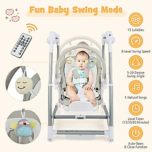 BABY JOY Baby Swings for Infants, 3 in 1 Foldable High Chair w/ 8 Adjustable Height, 5-Position Backrest, 3 Timer Settings, 12 Melodies and 5 Natural Sounds, Booster Seat for Dining Table (Gray)