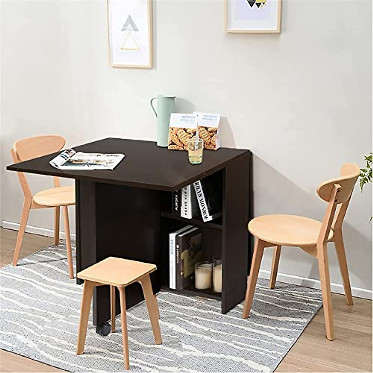 DINAZA Folding Dining Table Drop Leaf Table for Small Spaces with 2 Tier Storage Racks Multifunction Space Saving Table Extension Dinner Table for Kitchen Bedroom