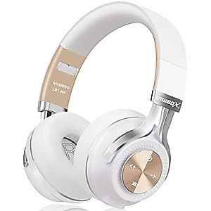 Riwbox Bluetooth Headphones, XBT-880 Wireless Bluetooth Headphones Over Ear with Microphone and Volume Control Wireless and Wired Foldable Headset for iPhone/iPad/PC/Cell Phones/TV (White&Gold)