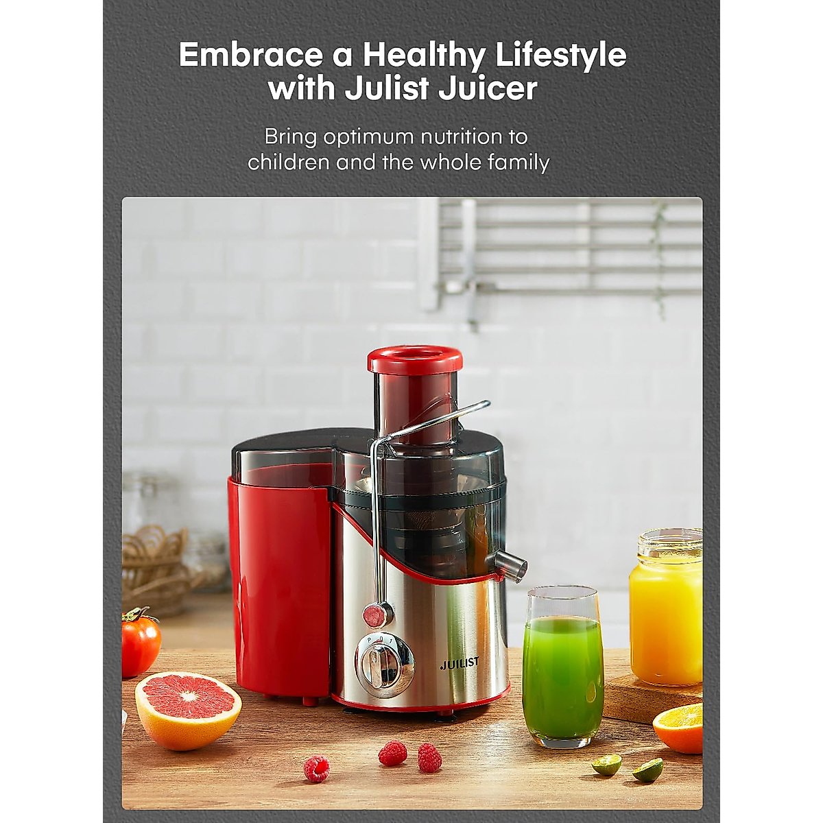Juicer Machines, Juilist 3" Wide Mouth Juicer Extractor Max Power 800W, for Vegetable and Fruit with 3-Speed Setting, 400W Motor, Easy to Clean, Red