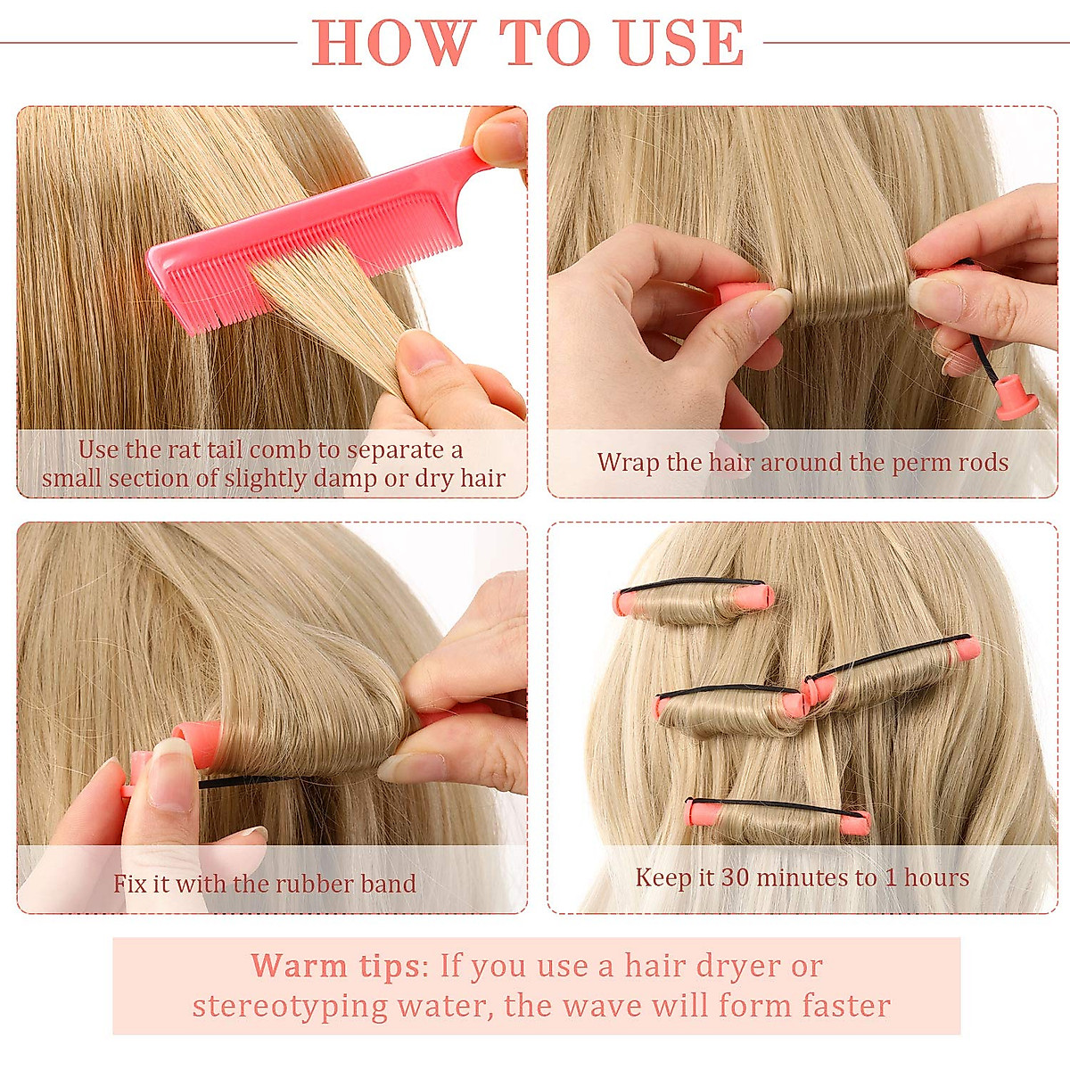 WILLBOND 36 Pieces Cold Wave Rod Hair Perm Rods Hair Rollers Perming Curlers with Steel Rat Tail Comb for Hairdressing Styling