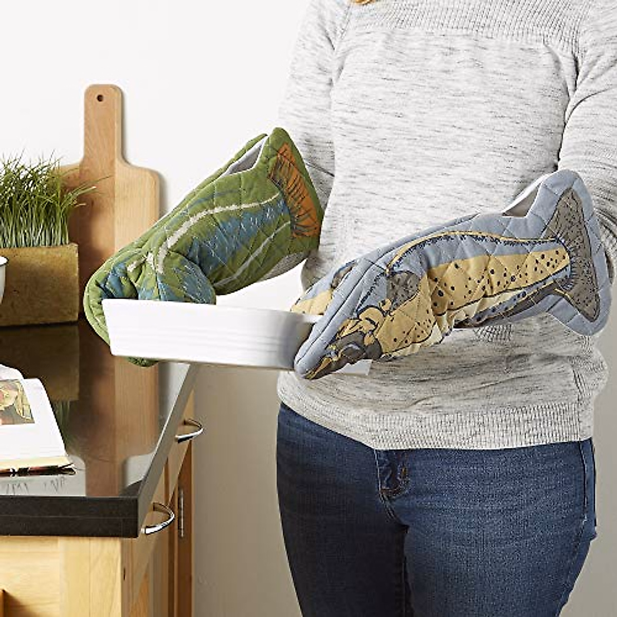 DII Cotton Lake House Fish Oven Mitts, 6 X 16.5 Set of 2, Machine Washable and Heat Resistant for Kitchen Cooking and Baking