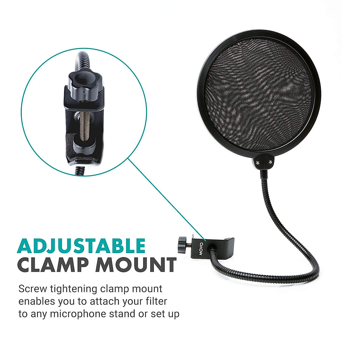 Movo PF-6 Dual Layer Nylon Mesh Microphone Pop filter, Gooseneck Arm and Clamp Mount. Pop Filter Delivers Professional Sound Quality Compatible with Blue Yeti, Blue Snowball Microphones and more