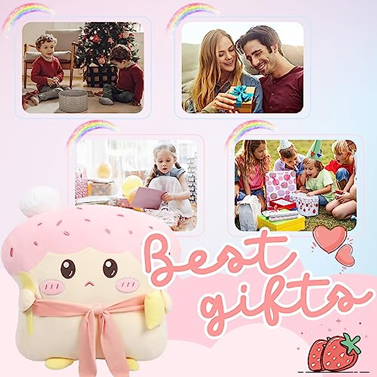 ARELUX Funny Toast Sliced Bread Pillow,Bread Shape Pink Plush Hugging Pillow with Red Scarf,Soft Toast Food Sofa Cushion for Home Decor,Plush Toy Gifts for Kids Birthday