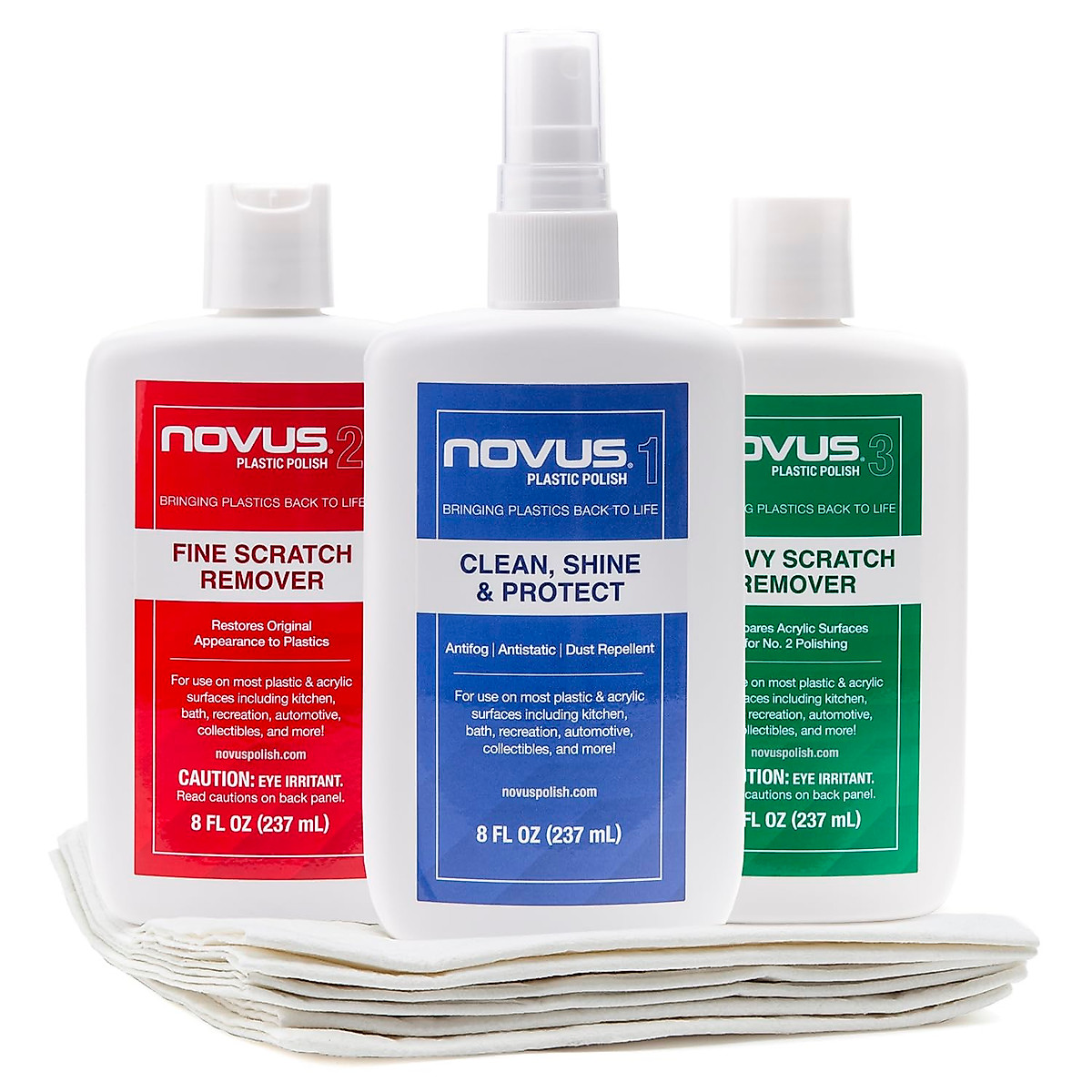 NOVUS-PK1-8OZ-PM, Plastic Clean & Shine #1, Fine Scratch Remover #2, Heavy Scratch Remover #3, and Extra Polish Mates Pack, 8 Ounce Bottles