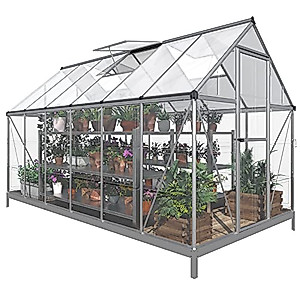 AMERLIFE 6x12 FT Hybrid Polycarbonate Greenhouse with Lockable Hinged Door 3 Vent Window Walk-in Hobby Greenhouse Aluminum Hot House for Outdoor Garden Backyard Silver