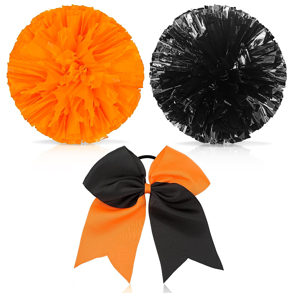 Set of 3 12 Inch Cheerleading Pom Poms and Large Cheerleader Ponytail Bow Holder for Girl Large Metallic Cheerleader Pom Poms for Sports Team Cheering (Orange and Black)