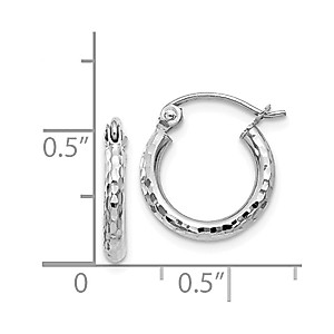 FB Jewels Solid 14K White Gold Diamond-cut 2mm Round Tube Hoop Earrings