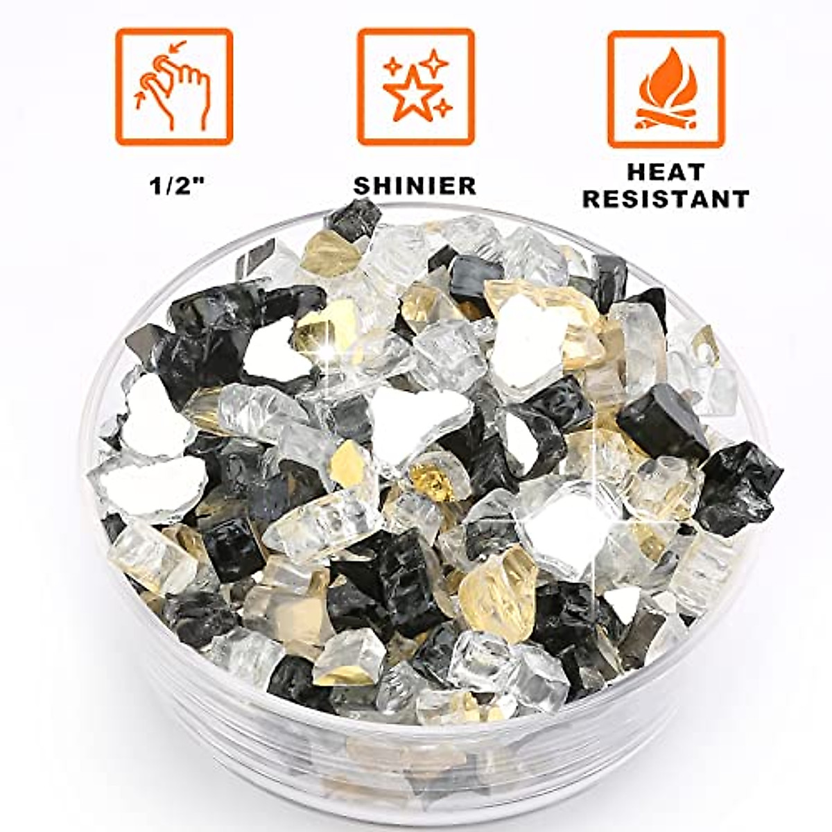 Utheer Fire Glass for Fire Pit, 1/2 Inch Reflective Fire Glass for Propane Fire Pit, Fire Pit Rocks Safe for Outdoors and Indoors Fire Pit, Blended Ultra-White, Black, Gold Fire Glass, 10 Pounds