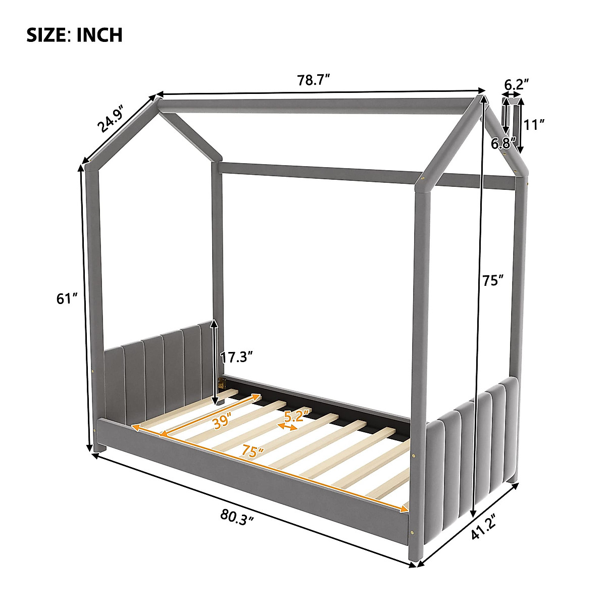 Bellemave House Beds Twin Size Velvet Montessori Bed for Kids Upholstered Floor Bed Frame with Headboard & Footboard for Girls Boys Teens, Gray