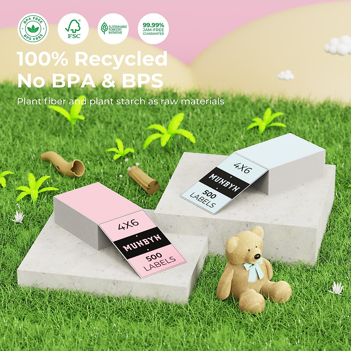 MUNBYN 4"x6" Pink Direct Thermal Shipping Labels, Commercial Grade Permanent Adhesive Fanfold Mailing Postage Label Paper for Thermal Printers and Packages, 500 Sheets per Stack