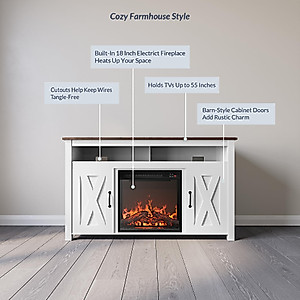 BELLEZE Modern 48" Barn Door Wood TV Stand with 18" Electric Fireplace Heater & Media Entertainment Center Console Table for TV up to 50" with Two Open Shelves and Cabinets - Corin (White)