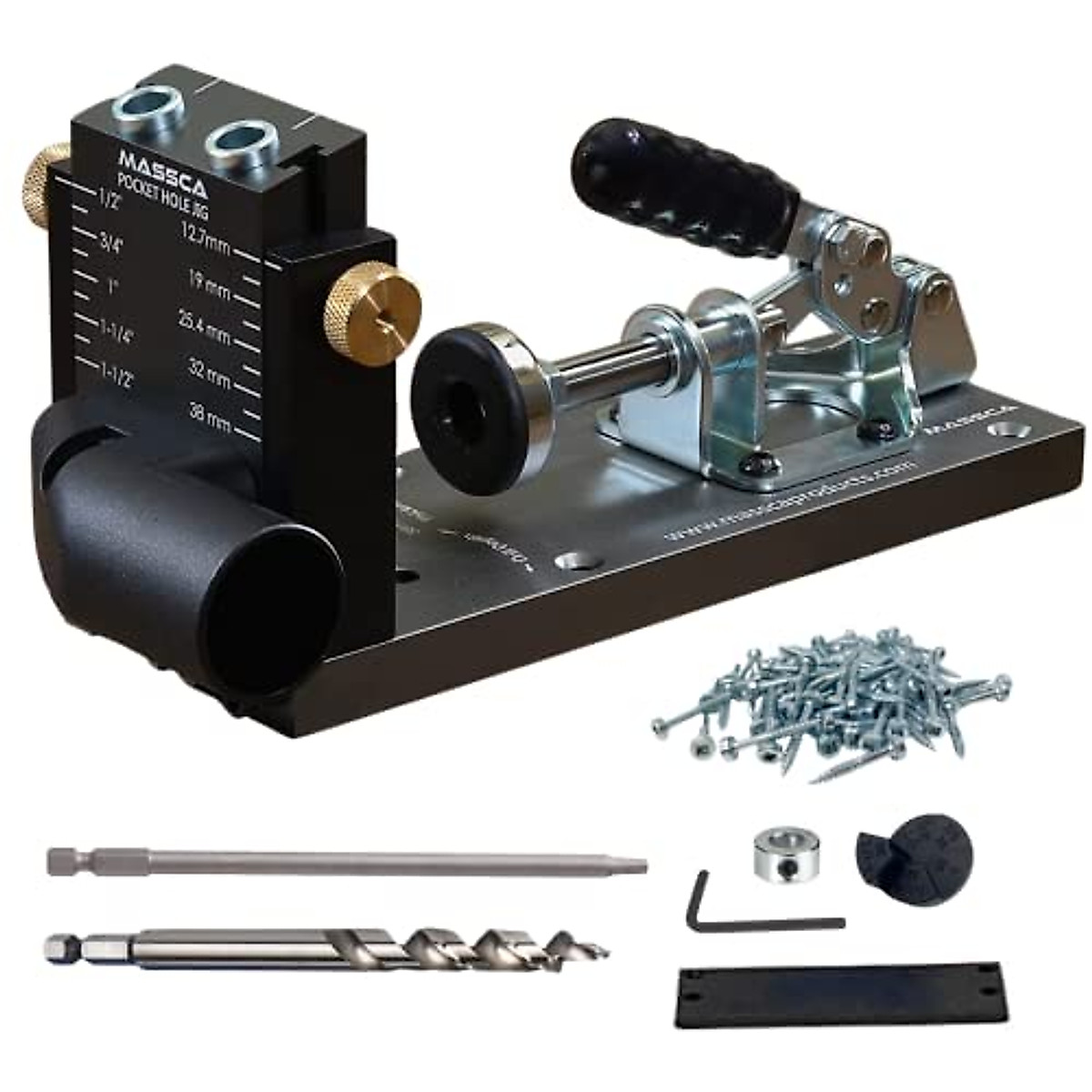 Massca Pocket Hole Jig Kit M1 - Adjustable & Easy to Use Pocket Screw Jig - Heavy Duty Drill Jig for Angled Holes with Drill Bit, Pocket Self Tapping Screws &Driver Bit,