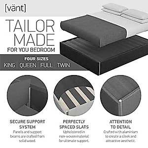 VANT Upholstered Platform Bed - King Size - Velvet Smoke Grey - Easy Assembly Bed Frame No Box Spring Needed Foundation for Optimal Support - Sleek Modern Design for Any Bedroom