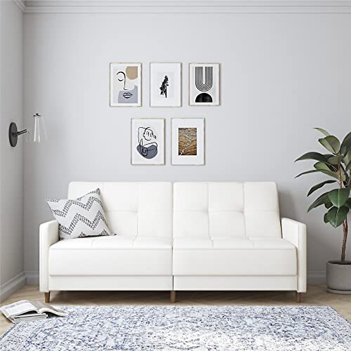 DHP Andora 76 Inch Futon Sofa Bed in Faux Leather, Modern Upholstered Couch Sleeper with Button Tufted Back and Seat, White