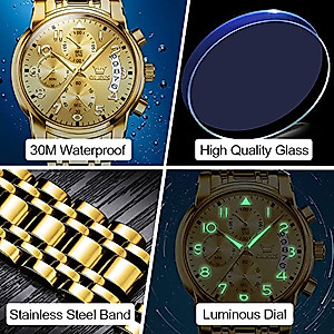 Gold Watch for Men Arabic Number Large Face Quartz Wrist Watches Stainless Steel Luxury Mens Water Resistant Luminous Chronograph Watch Calendar Display Classic Round Men's Cuff Watches Easy Read