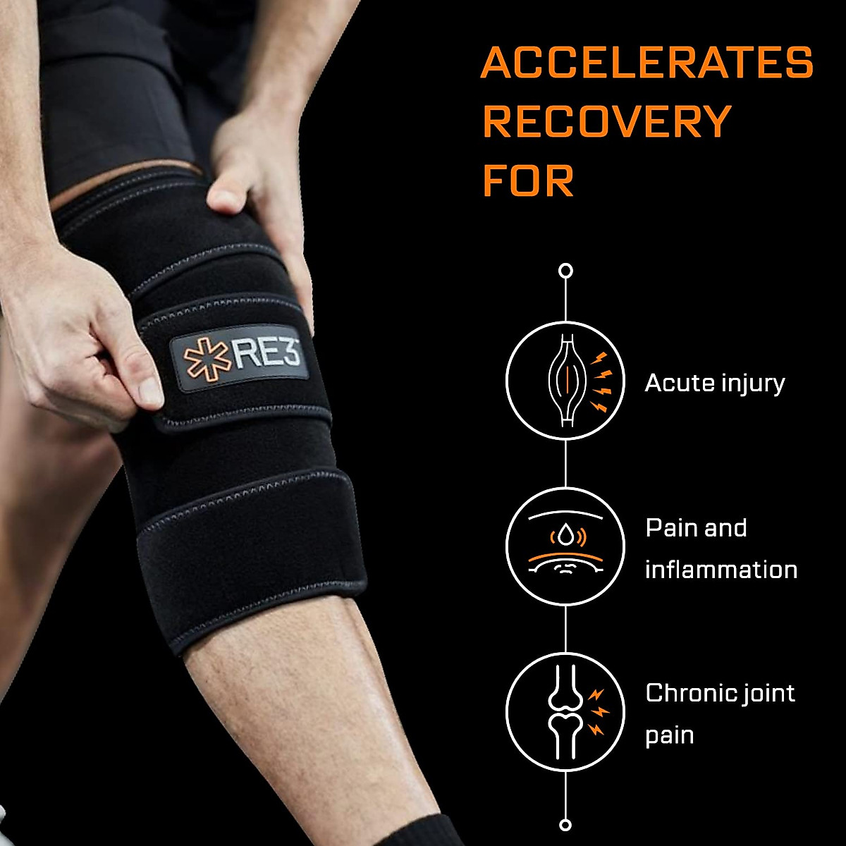 RE3 Ice Compression Pack for Knee, Arm & Leg - Powerful & Effective Cold Compression Cryotherapy Wrap for Chronic Pain, Knee Replacement, Tendinitis, Arthritis of the Knee, Sports Injury, Swelling, Ice Core Blankets - Black, One Size